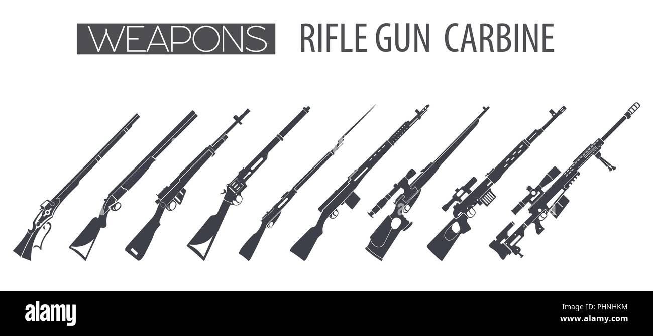 Firearm set. Gun, rifle, carbine. Flat design. Vector illustration ...