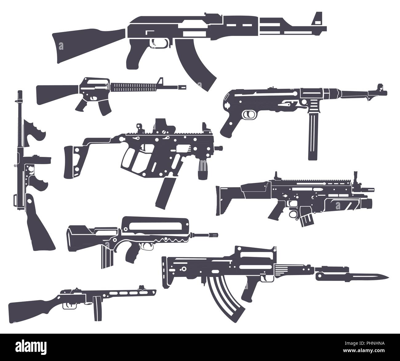 Firearm set. Automatic rifle, machine gun. Flat design. Vector ...