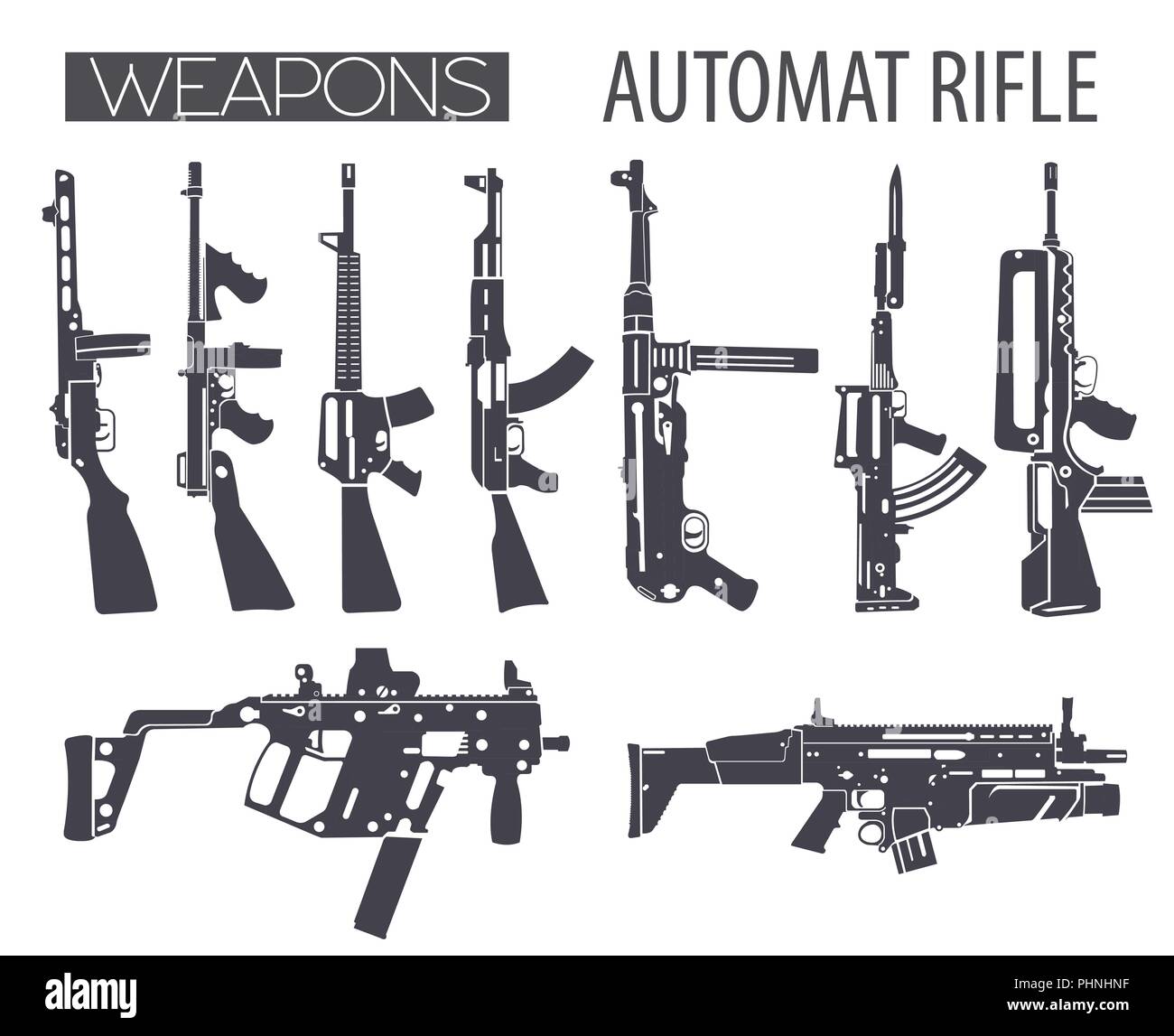 Firearm set. Automatic rifle, machine gun. Flat design. Vector ...