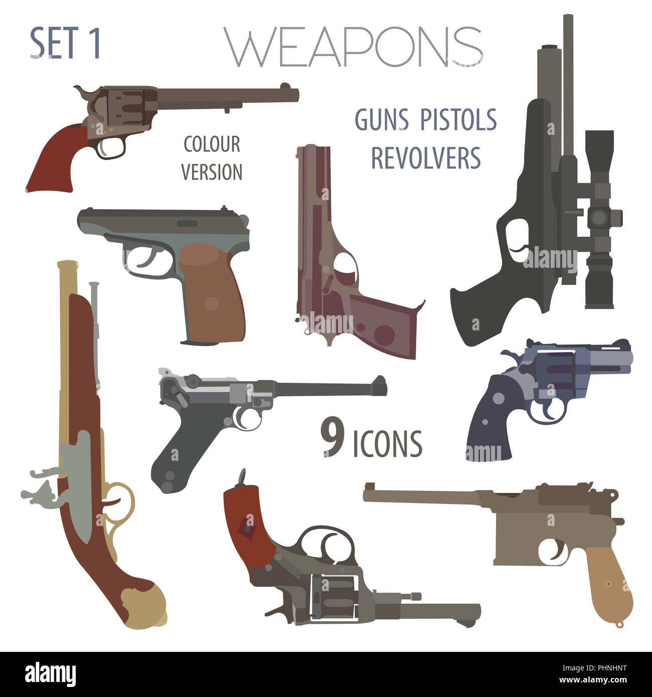 Firearm set. Guns, pistols, revolvers. Flat design. Vector illustration ...