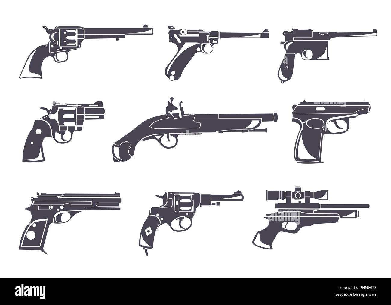 Firearm set. Guns, pistols, revolvers. Flat design. Vector illustration ...