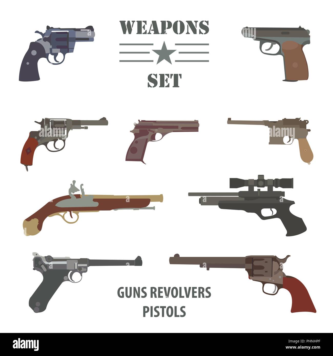 Firearm set. Guns, pistols, revolvers. Flat design. Vector illustration ...