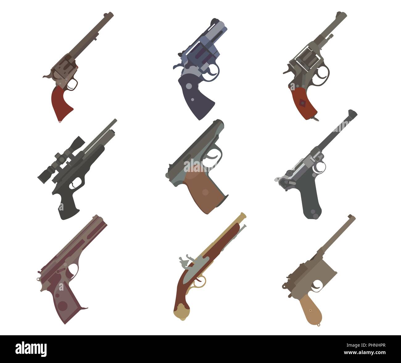 Firearm set. Guns, pistols, revolvers. Flat design. Vector illustration ...