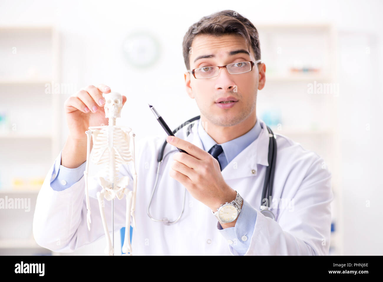 Doctor explaining human body on skeleton Stock Photo - Alamy