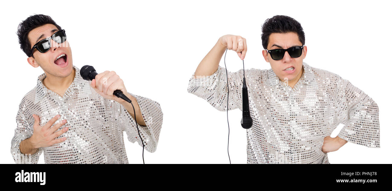Man with mic isolated on white Stock Photo - Alamy