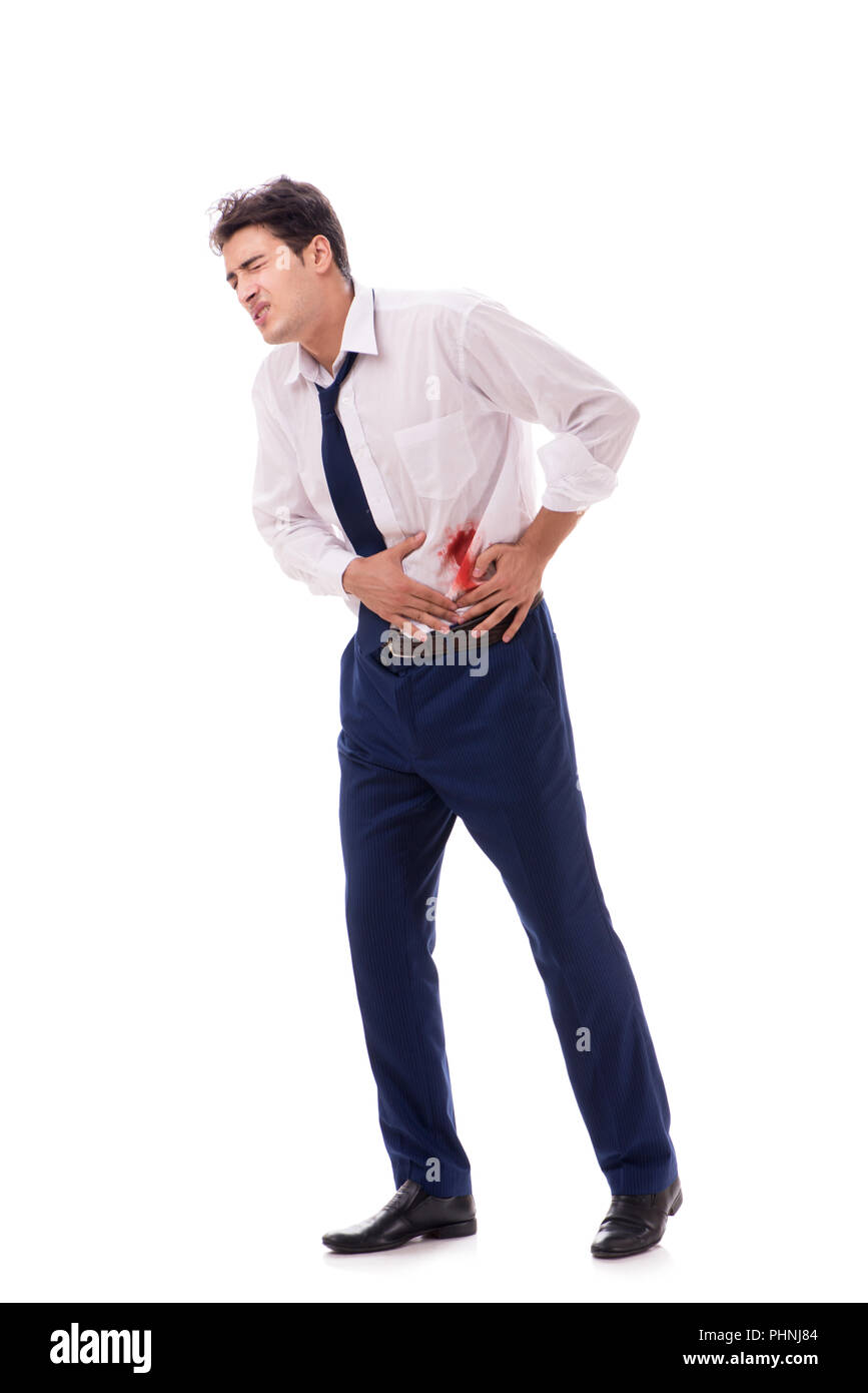Wounded businessman with blood stains isolated on white backgrou Stock ...