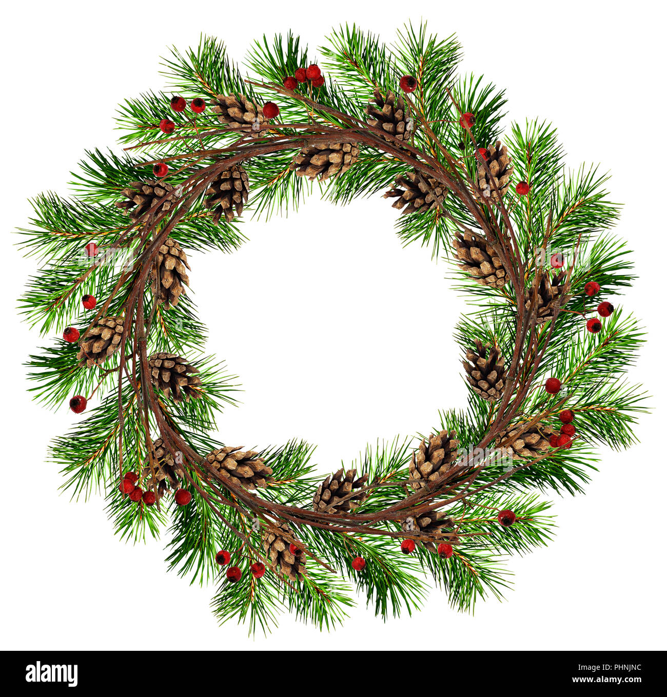 Round wreath from dry twigs and Christmas tree branches with red ...
