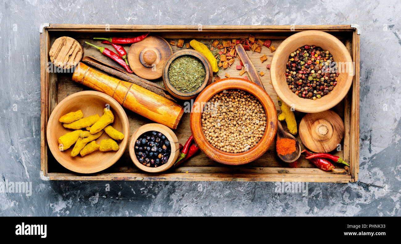 Big set Indian spices and herbs.Food and cuisine ingredients.Seasonings ...