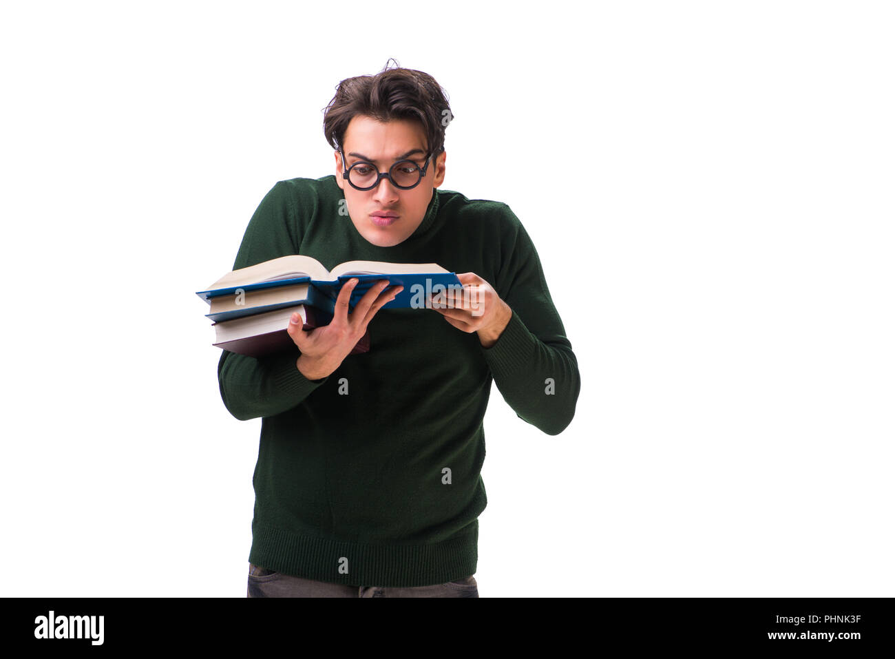 Nerd young student with books isolated on white Stock Photo - Alamy