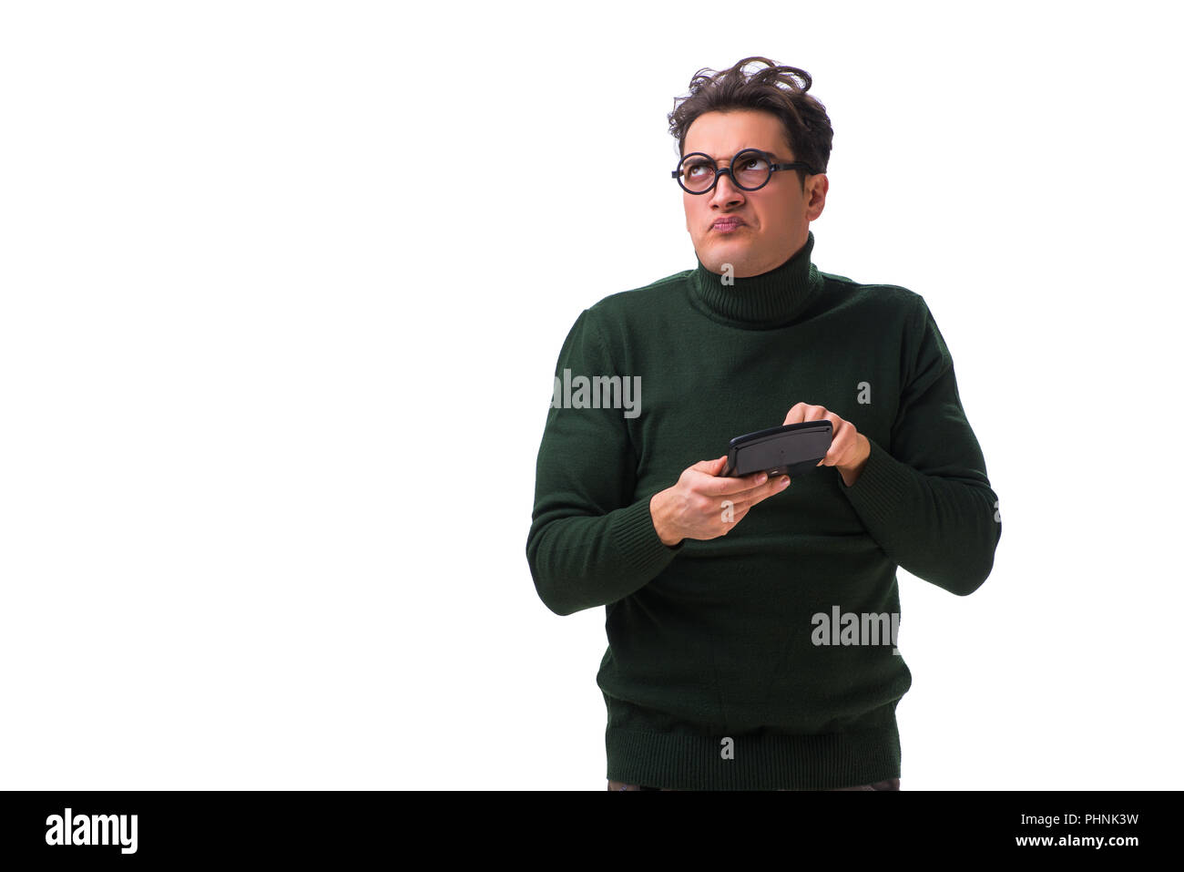 Nerd young man with calculator isolated on white Stock Photo - Alamy