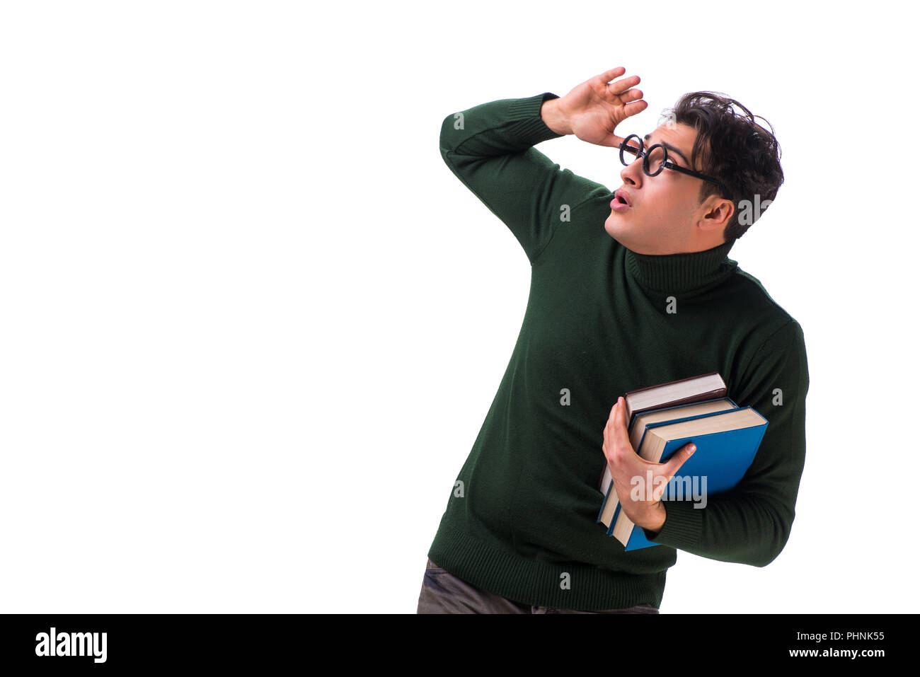 Nerd young student with books isolated on white Stock Photo - Alamy