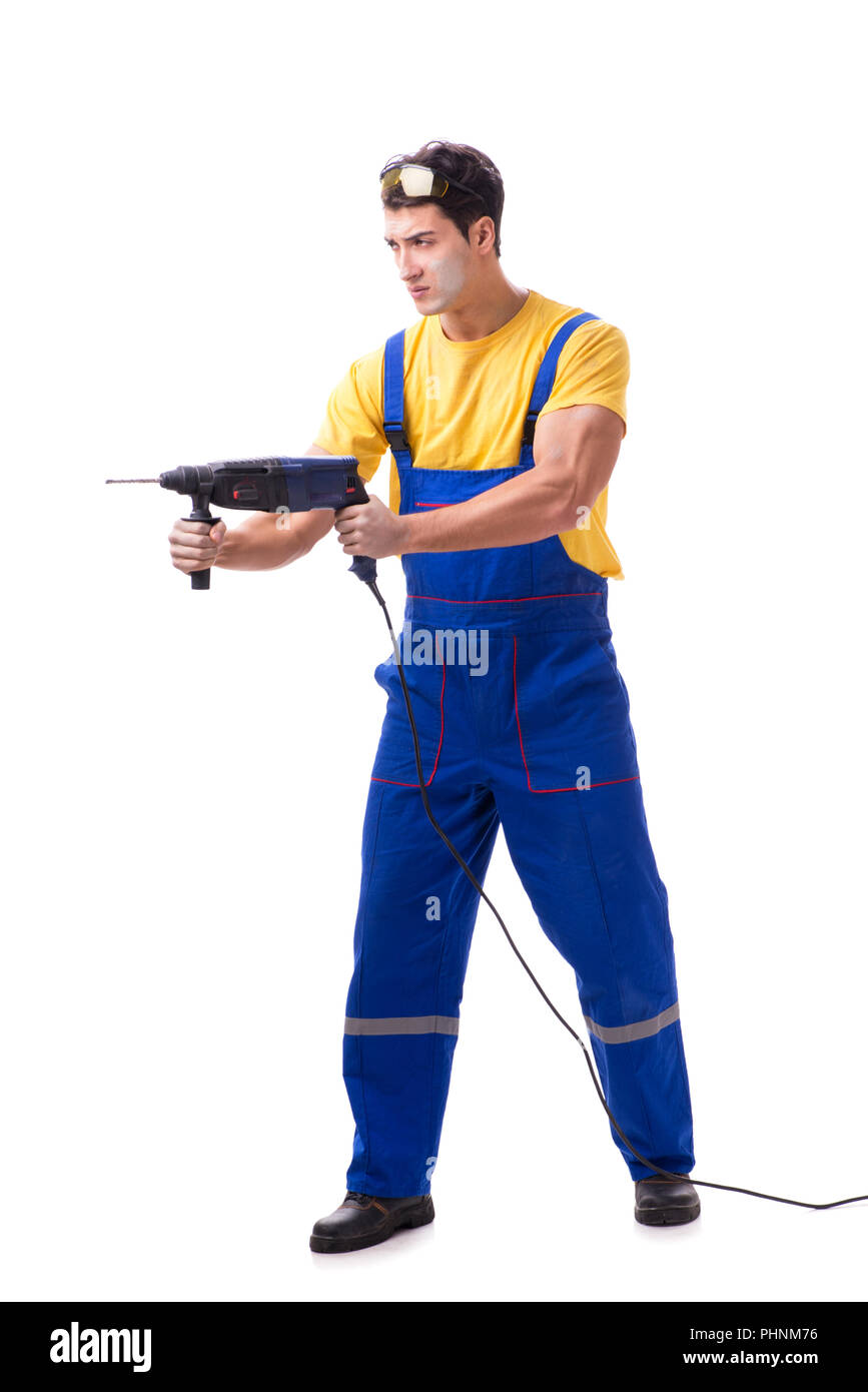 Contractor employee with hand power drill on white background Stock ...