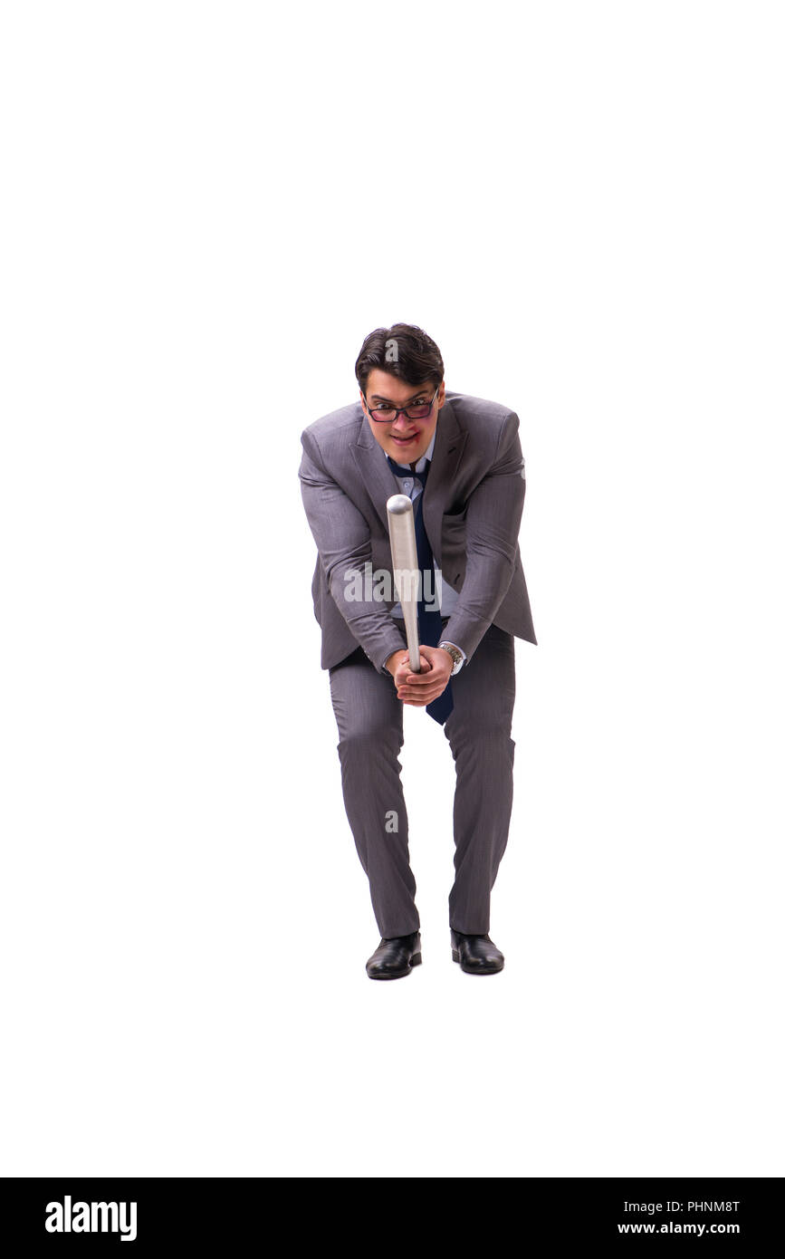 Businessman with baseball bat isolated on white Stock Photo - Alamy