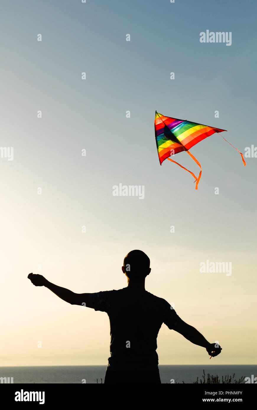 Silhouette of person flying kite hi-res stock photography and images ...