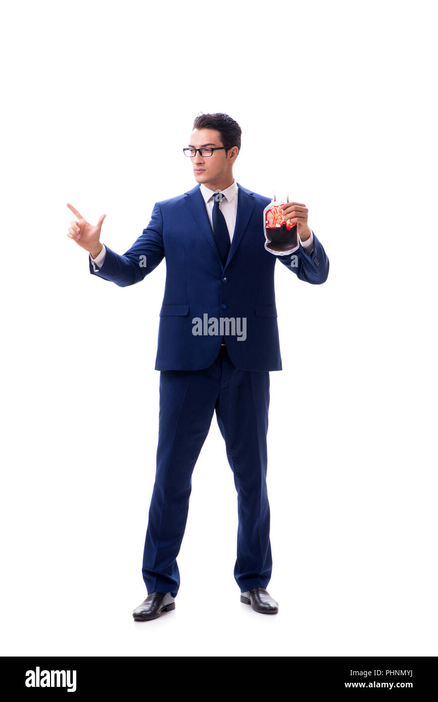 Businessman with blood bag isolated on white Stock Photo - Alamy