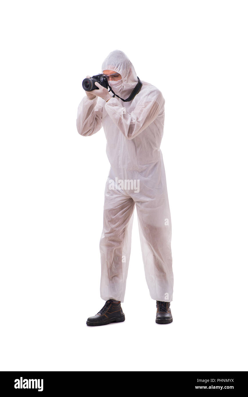 Forensic specialist in protective suit taking photos on white Stock ...
