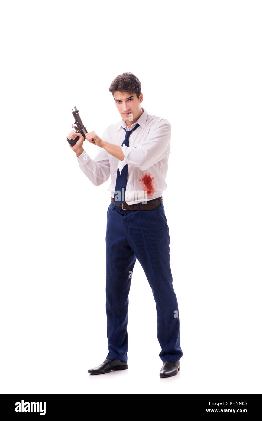 Businessman wounded in gun fight isolated on white Stock Photo - Alamy