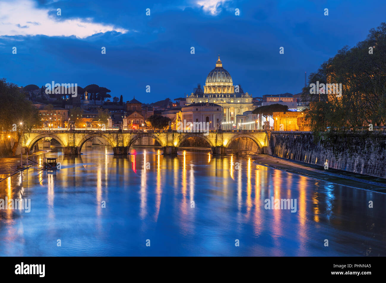 Rome at night, Italy. St. Peter's cathedral with bridge in Vatican ...