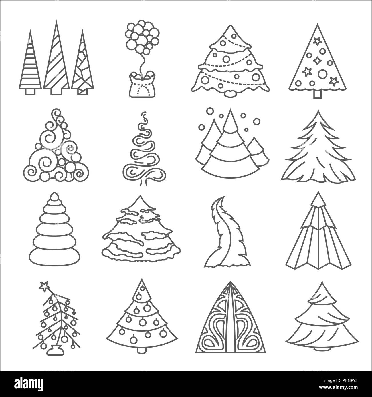 Christmas tree icon set. Flat isolated thin line design. New year ...