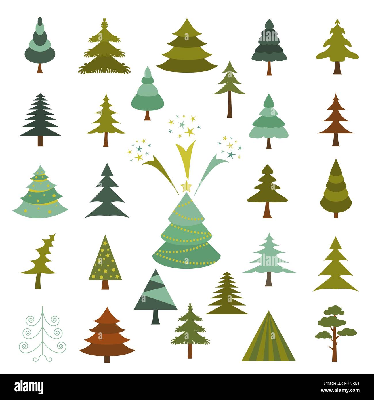 Christmas tree icon set. Flat design. Colour version. Vector ...