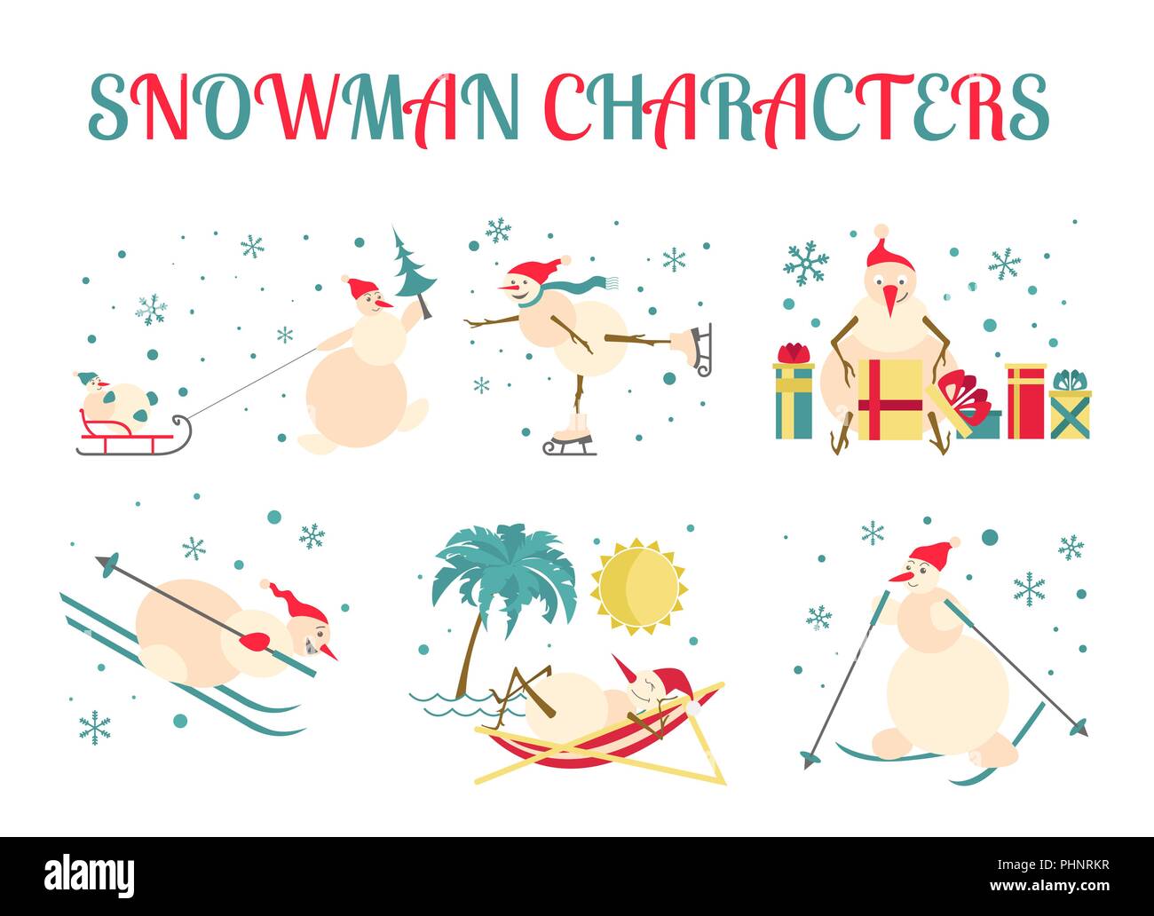 Snowman characters icon set. Flat design. Vector illustration Stock ...