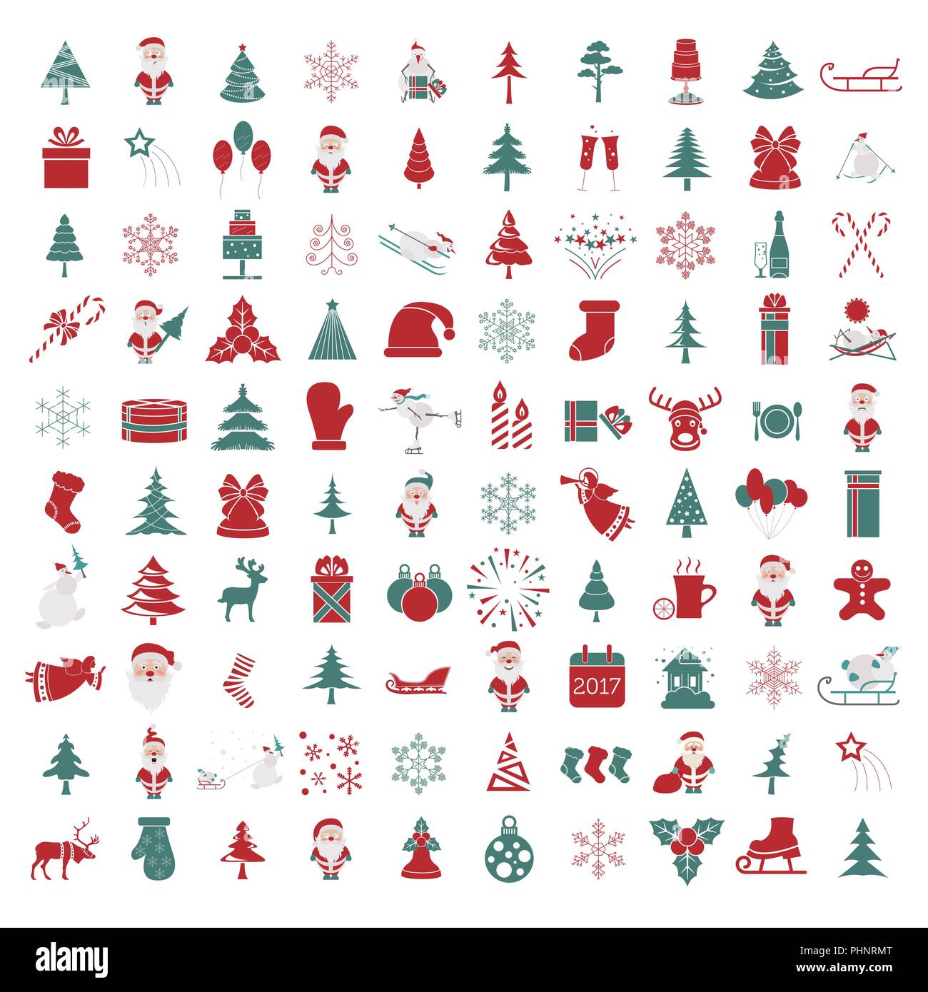 Christmas, New Year holidays icon big set. Red and green colours. Flat ...