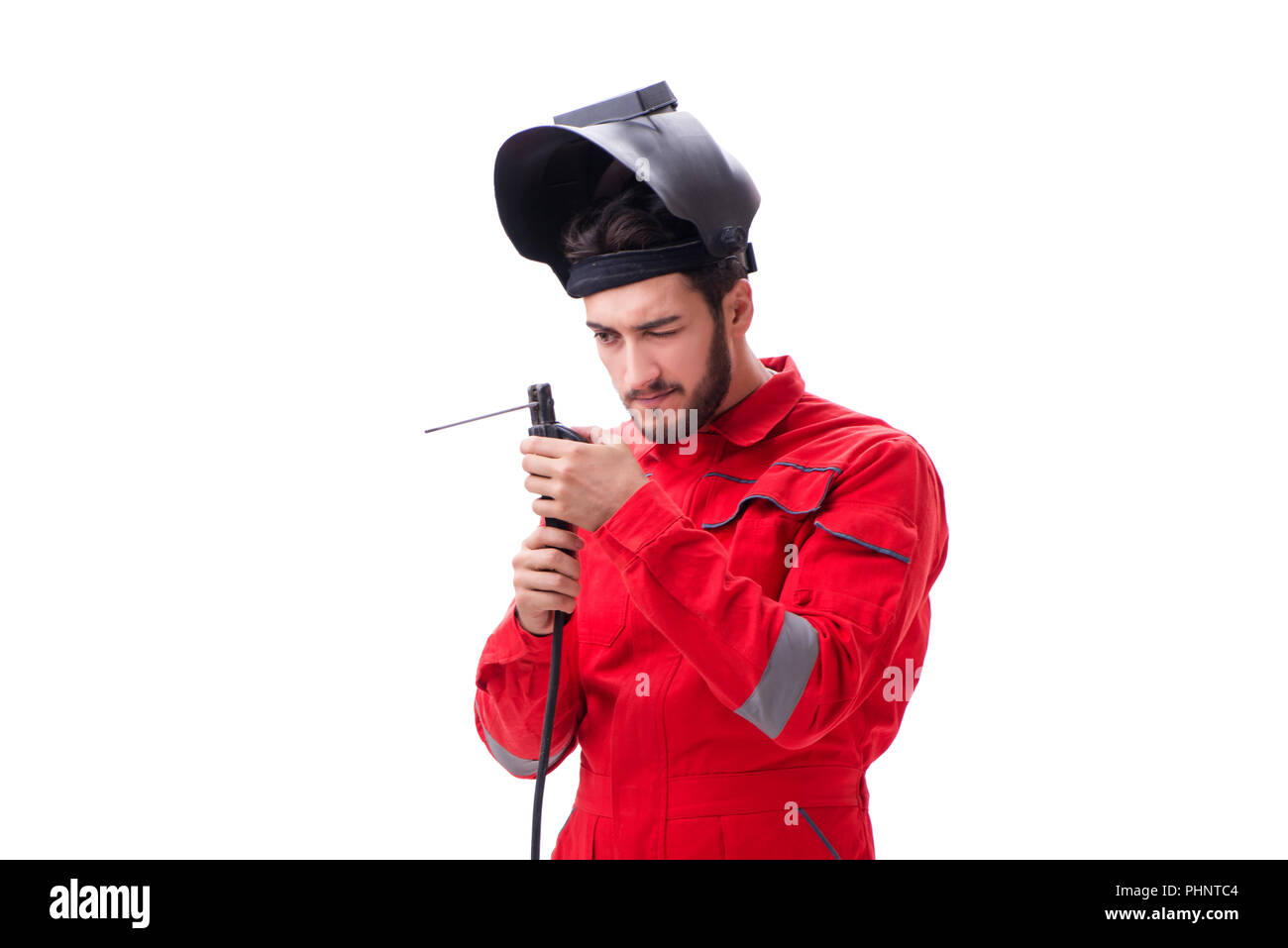 Funny welder isolated on white background Stock Photo - Alamy