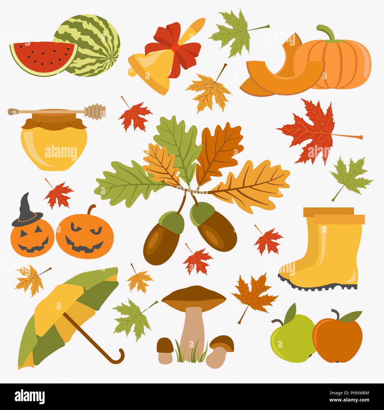 Autumn icon set. Halloween and Thanksgiving day. Flat design. Vector ...