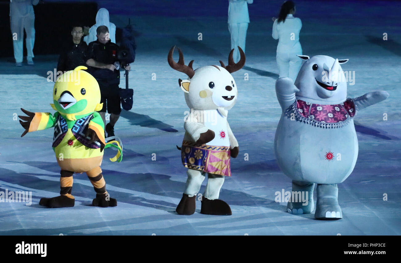 Jakarta, Indonesia. 2nd Sep, 2018. Mascots of the 18th Asian Games are ...