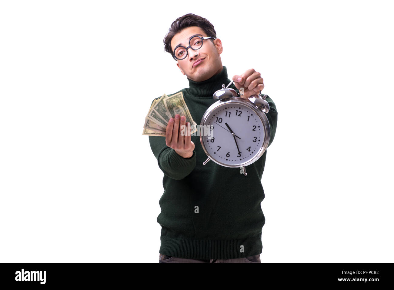 Nerd young man with clock and money isolated on white Stock Photo - Alamy