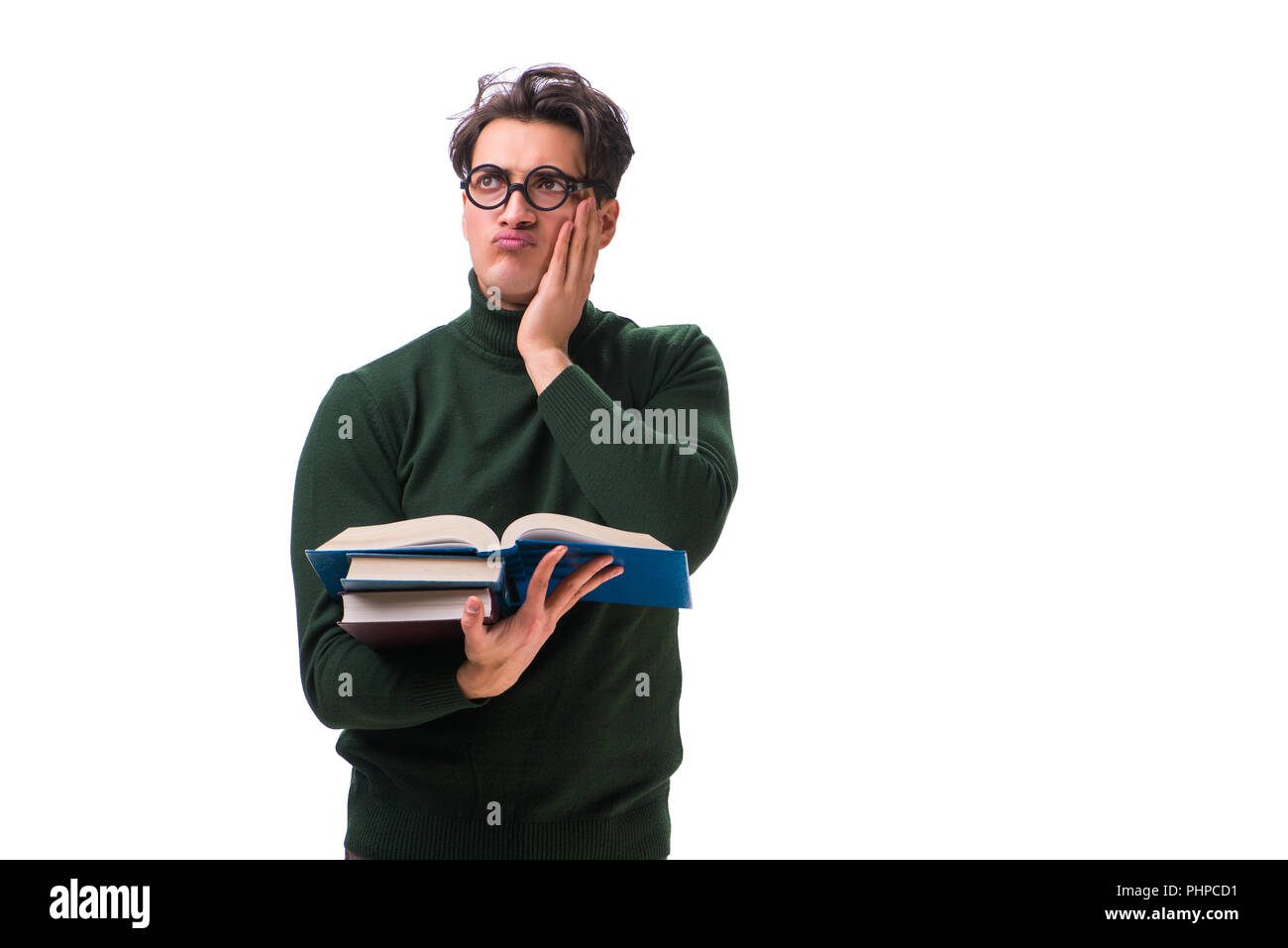 Nerd young student with books isolated on white Stock Photo - Alamy