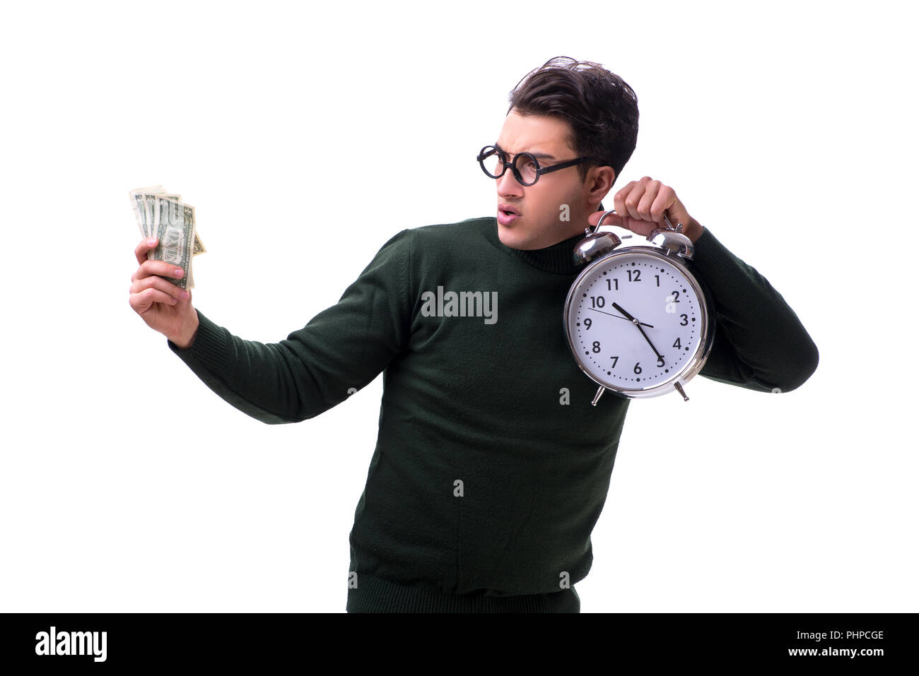 Nerd young man with clock and money isolated on white Stock Photo - Alamy