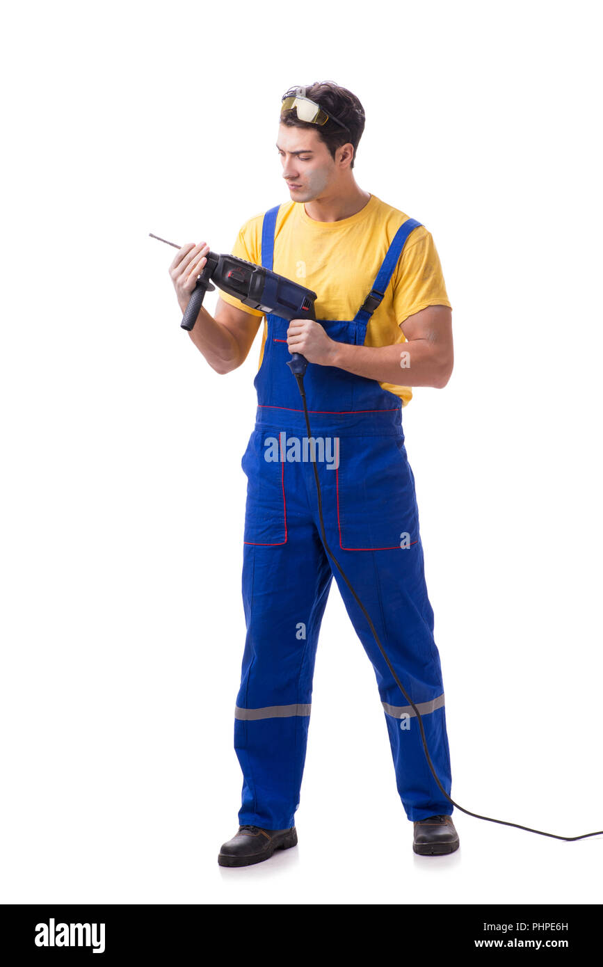 Contractor employee with hand power drill on white background Stock ...