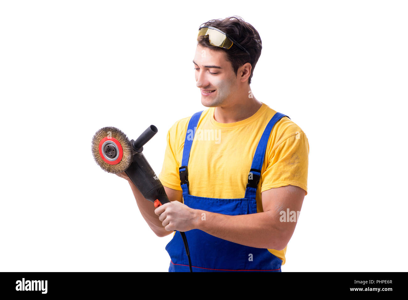 Contractor employee with sander isolated on white background Stock ...