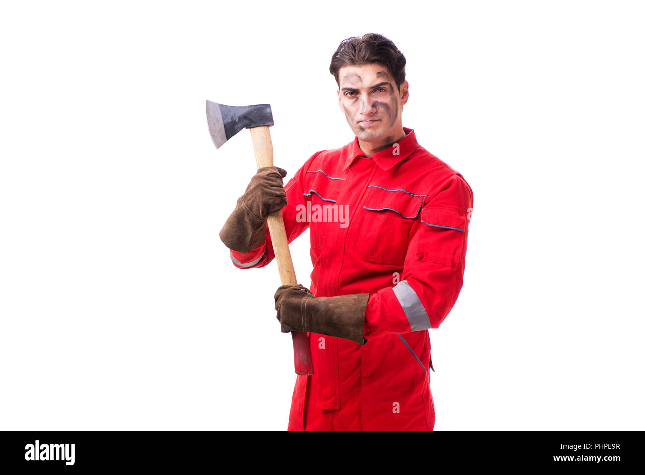 Contractor employee with axe on white background Stock Photo - Alamy