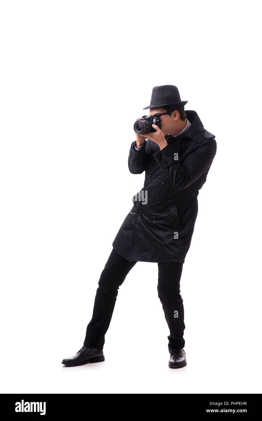 Spy with camera taking pictures isolated on white Stock Photo - Alamy