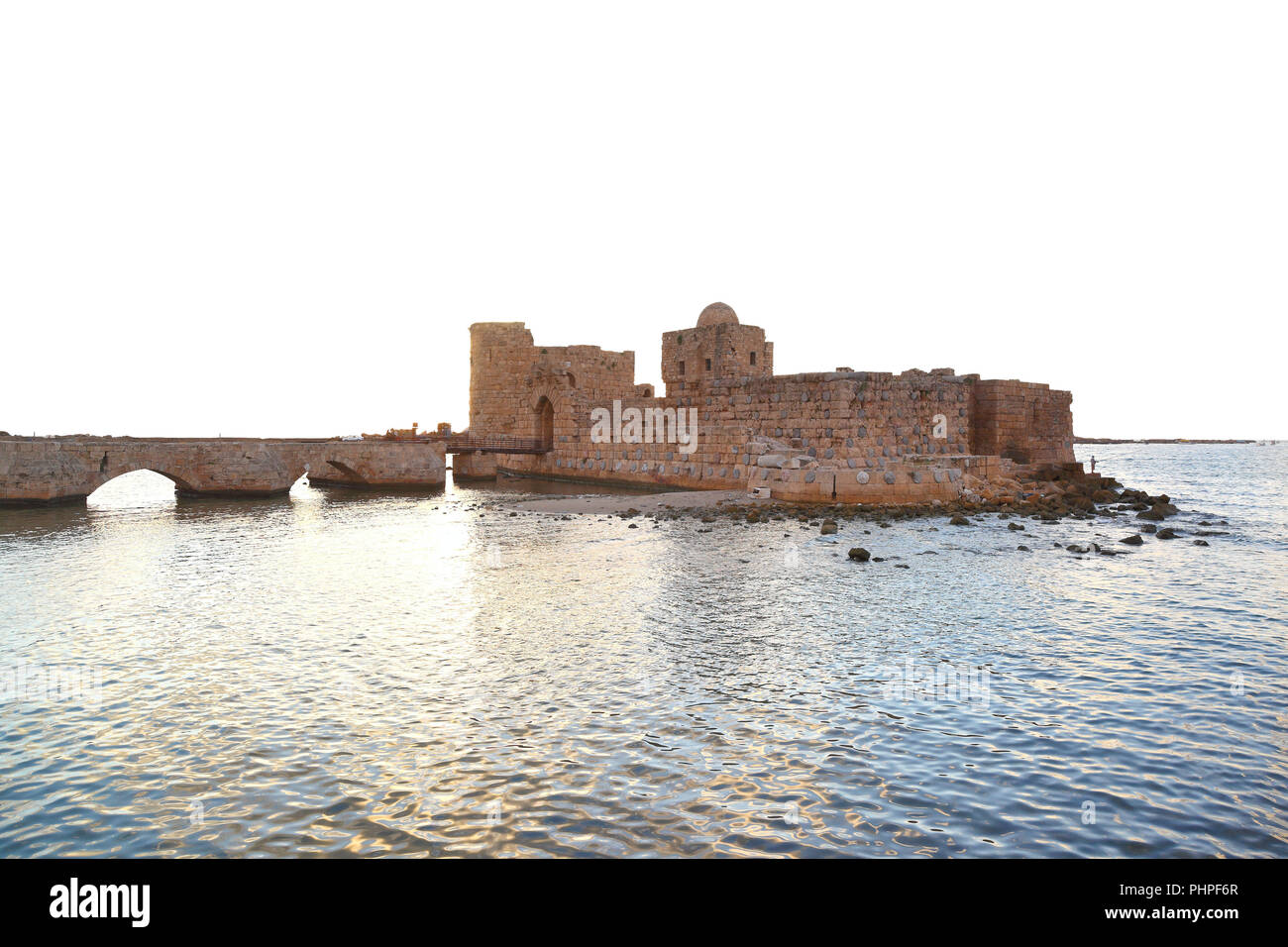Sidon Crusader Sea Castle remains on a white background, Lebanon Stock ...