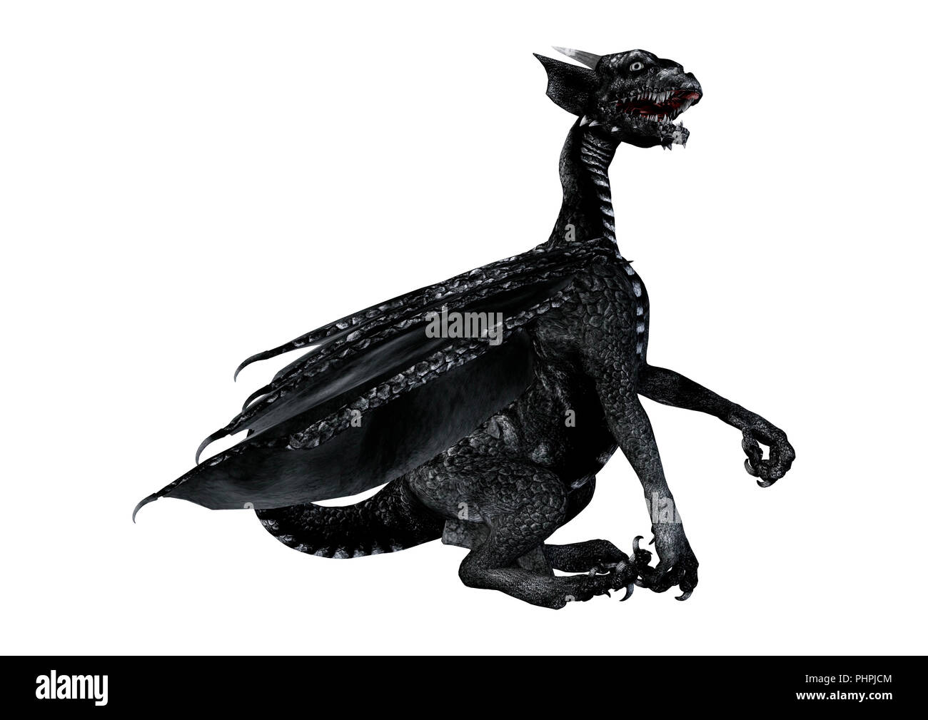 3D digital render of a fairy tale little black dragon isolated on white ...