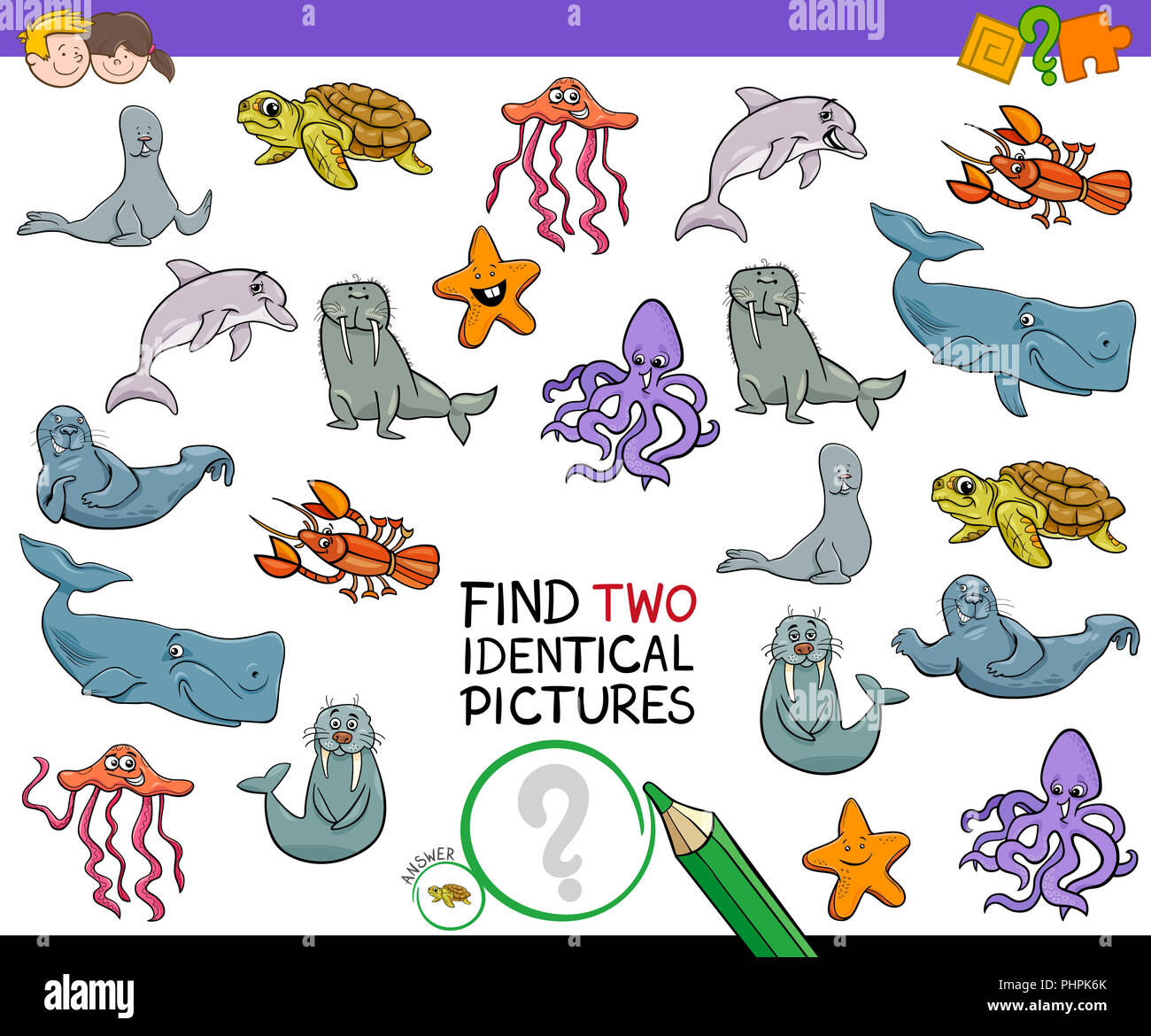 find two identical sea animals game for kids Stock Photo - Alamy