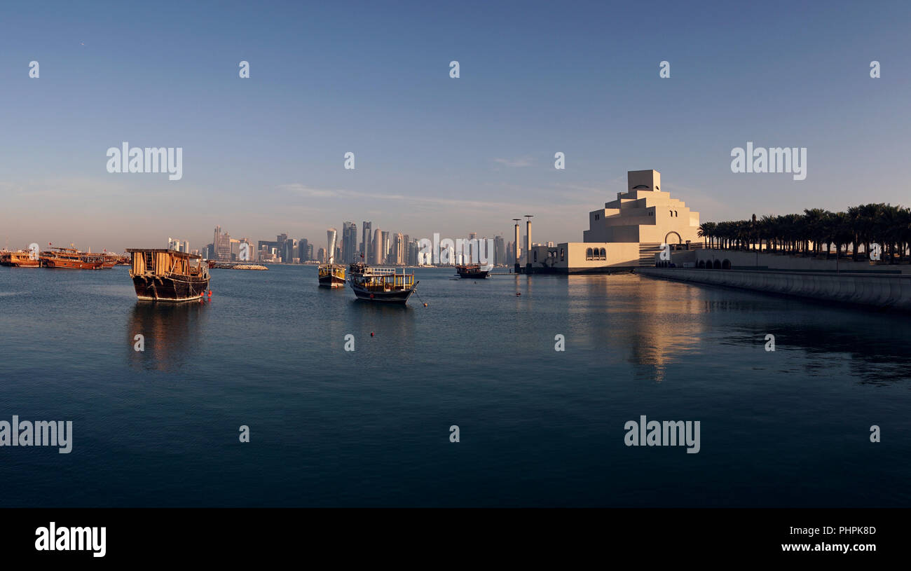 Beautiful Doha Skyline View with Traditional Wooden Boats. Corniche ...
