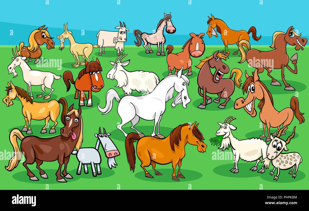 horses and goats farm animal characters group Stock Photo - Alamy
