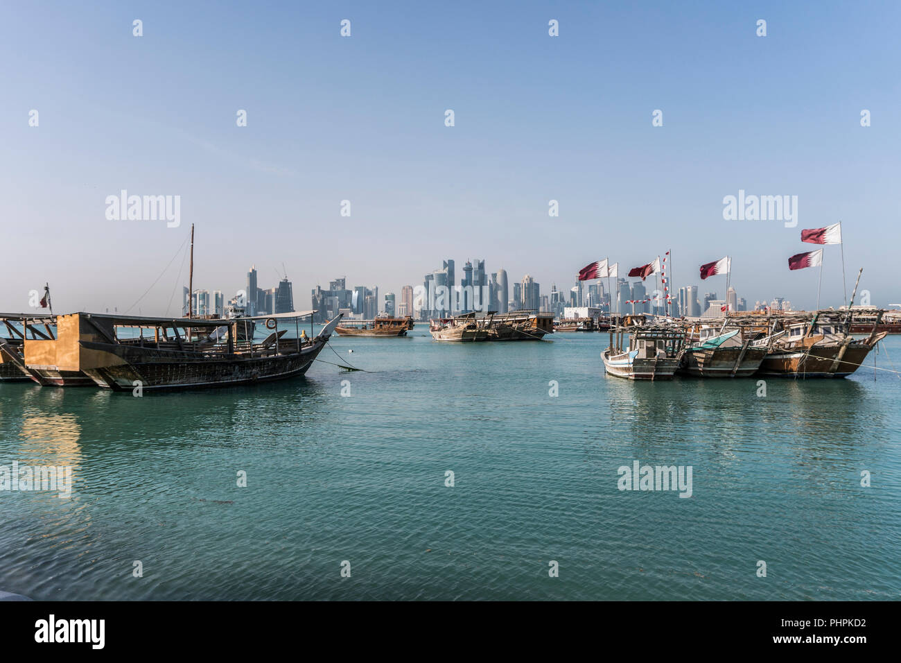 DOHA, QATAR - Feb 2018: Beautiful Doha Skyline View with Traditional ...