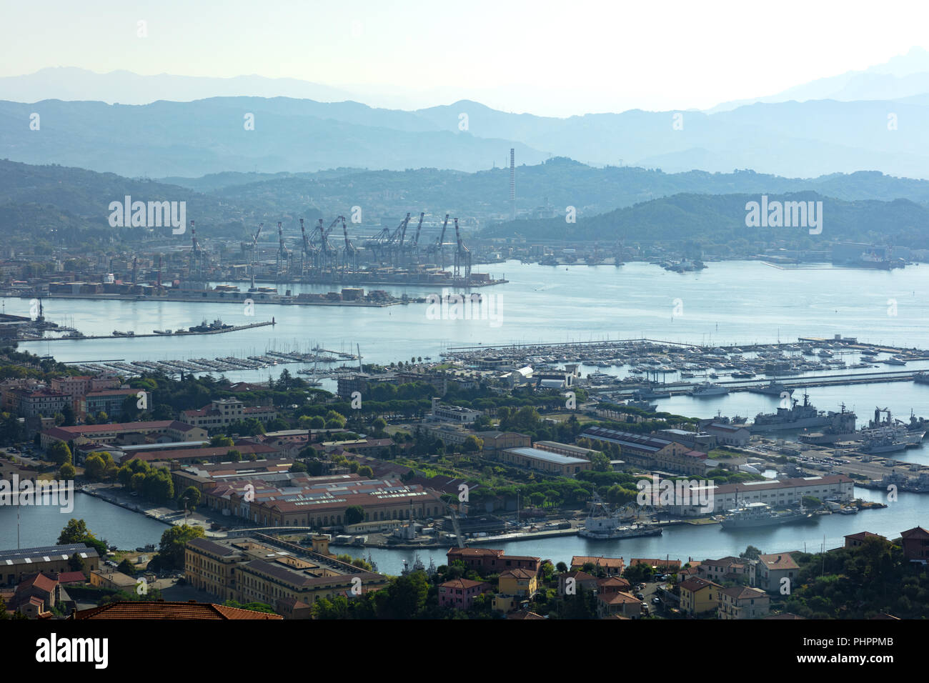 aerial view of the harbor La Spezia in the adriatic sea Italy with the ...