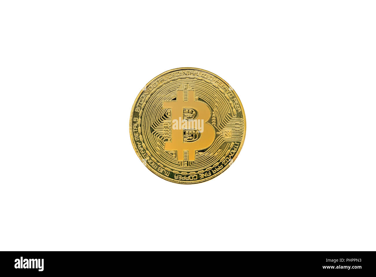 Physical coin of bitcoin crypto currency. Isolated white background ...