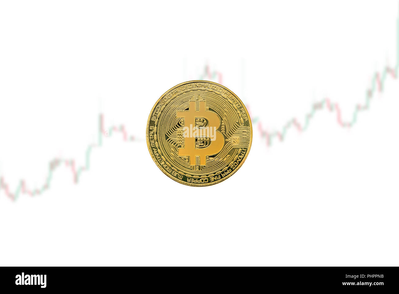 Physical coin of bitcoin crypto currency. Trade chart background Stock ...