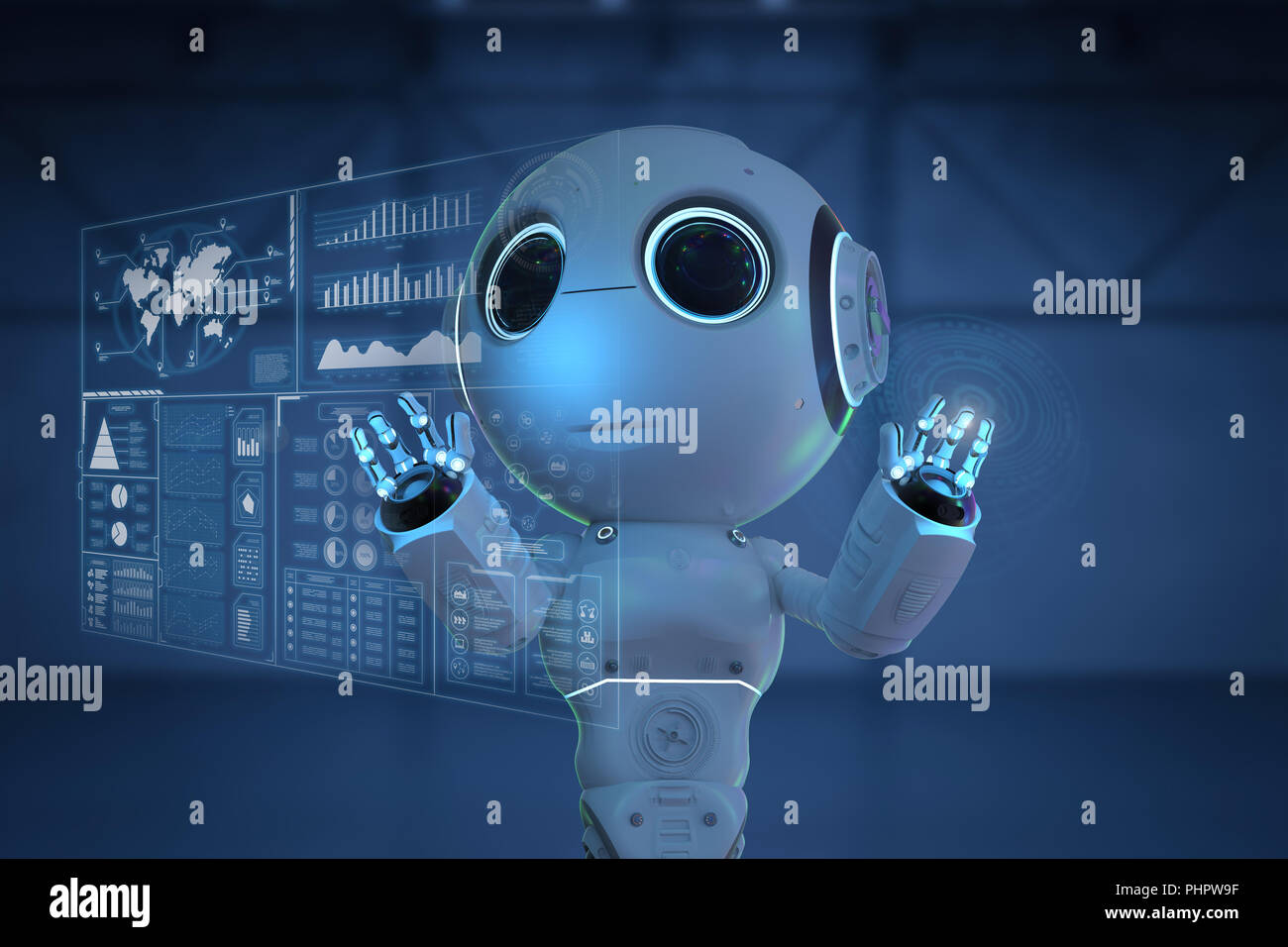3d rendering cute artificial intelligence robot with hud display Stock Photo - Alamy