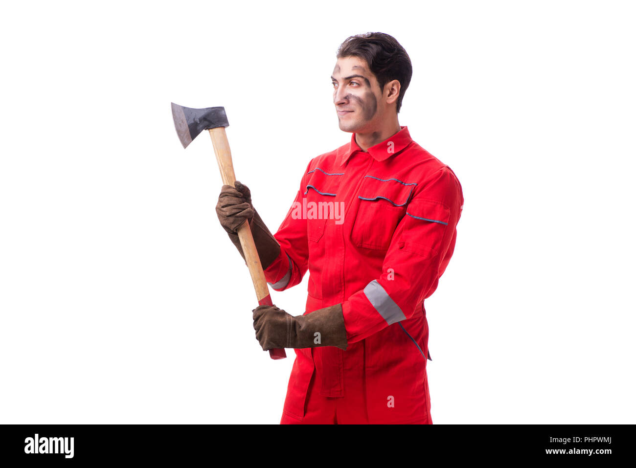 Contractor employee with axe on white background Stock Photo - Alamy