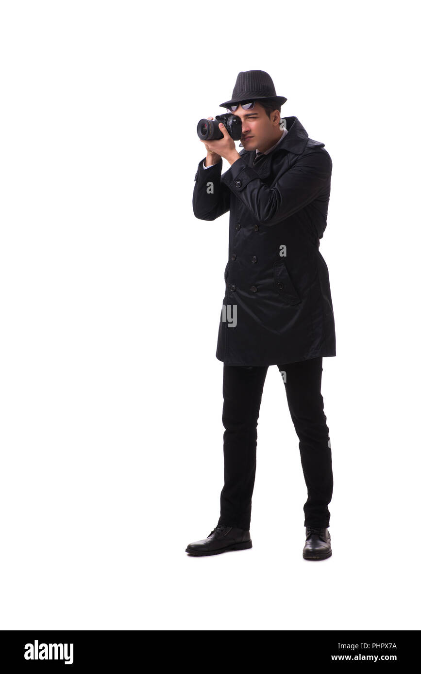 Spy with camera taking pictures isolated on white Stock Photo - Alamy