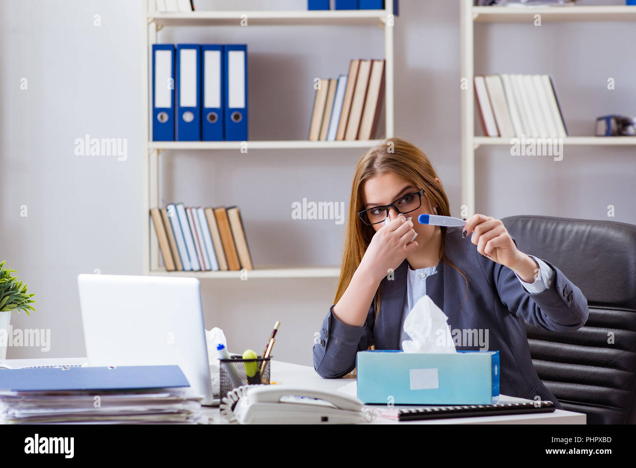 Sick businesswoman laptop coughing in hi-res stock photography and ...