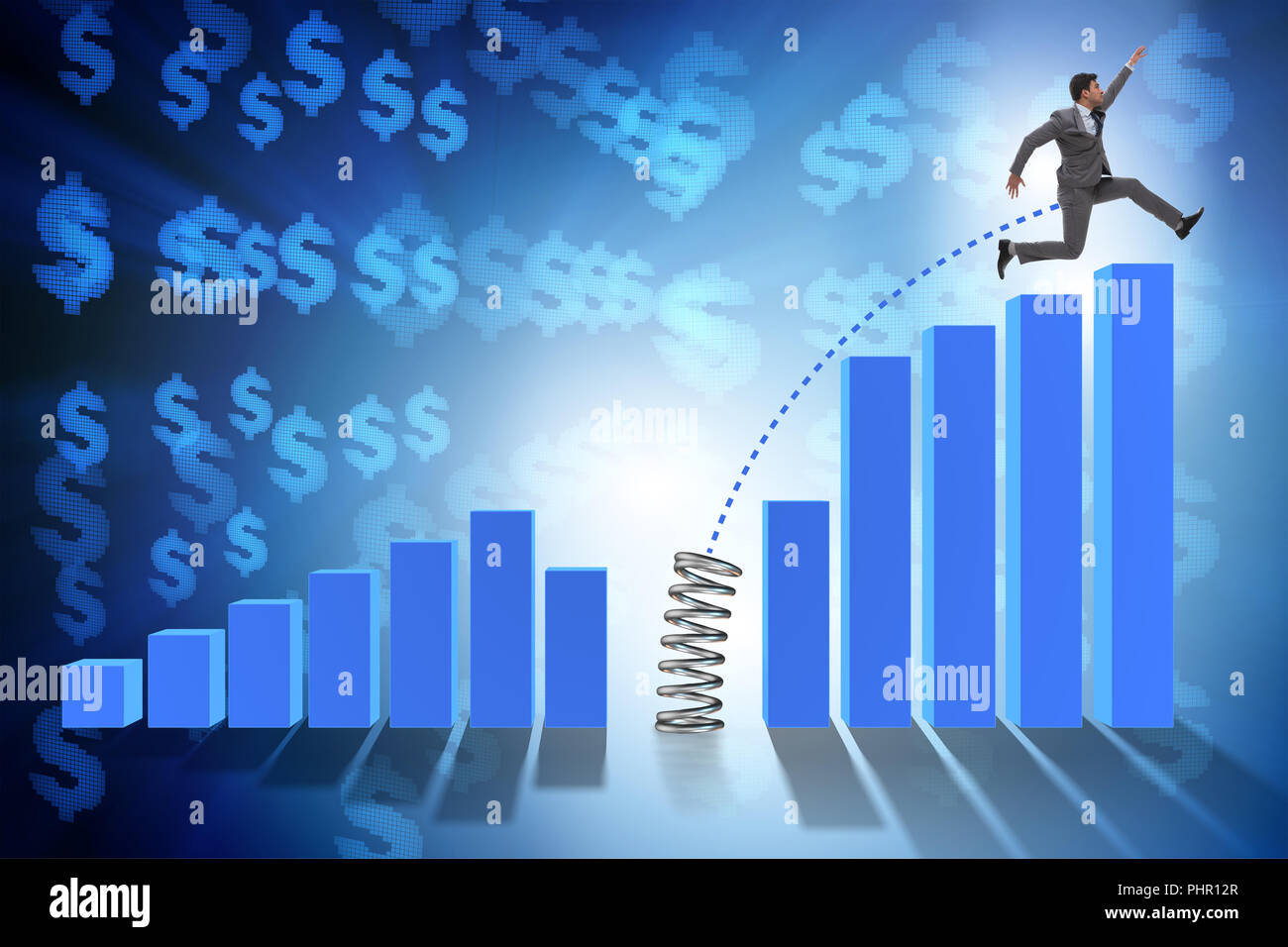 Business people jumping over bar charts Stock Photo - Alamy